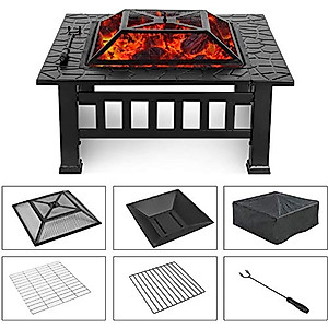 OKVAC 32" Outdoor Fire Pit, Square Metal Fireplace, Multifunctional Wood-Burning Stove w/Spark Screen, Poker, Cover, BBQ Net, Grate, for Outside, Camping, Patio, Picnic, Bonfire, Yard, Garden, Lawn