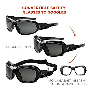 Ergodyne Skullerz Loki Convertible Polarized Safety Sunglasses, Smoke Lens-Includes Gasket and Strap to Convert to Goggle, Polarized Smoke Lens, Black Frame
