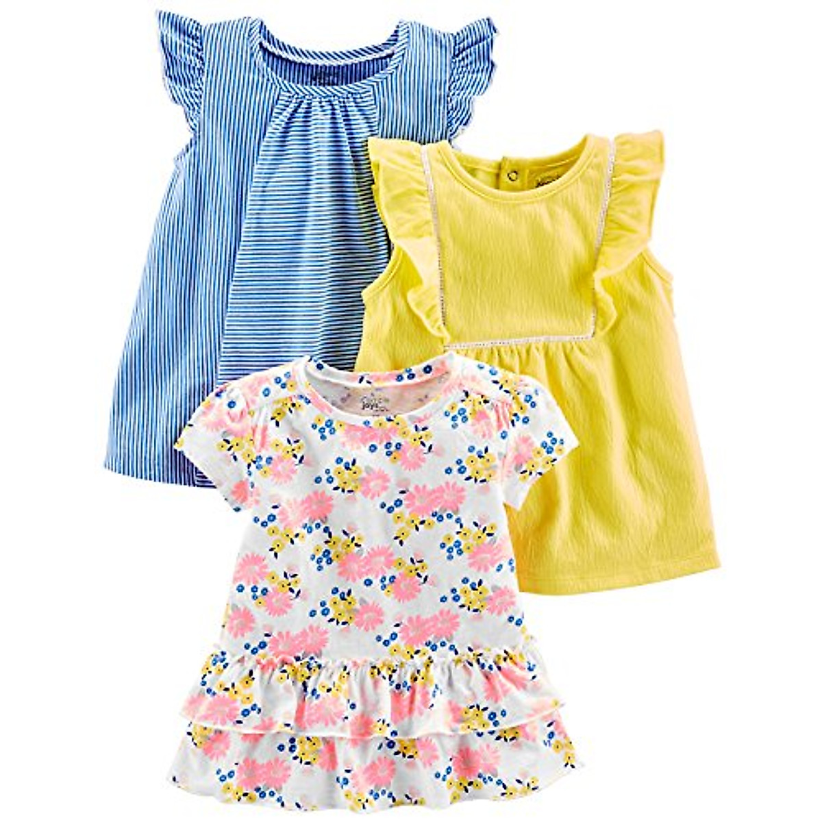 Simple Joys by Carter's Girls' Short-Sleeve Shirts and Tops, Pack of 3, Blue Stripe/White Floral/Yellow, 2T