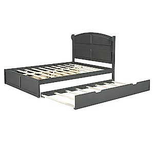 BIADNBZ Queen Size Platform Bed with Twin Trundle and 2 Drawers Underneath, Wooden Bedframe with Headboard, for Bedroom, Antique Gray