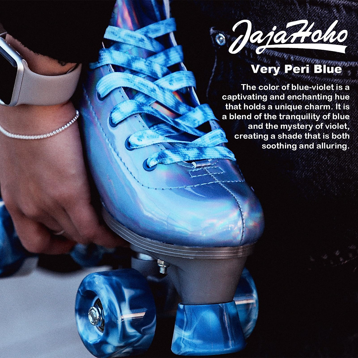 JajaHoho Roller Skates for Women, Shiny Holographic High Top Rollerskates, Mixture Color Double-Row Four Colour Frozen Wheels Quad Skates for Girls Age 8-51 Indoor Outdoor (Very Peri Blue, Size 8)