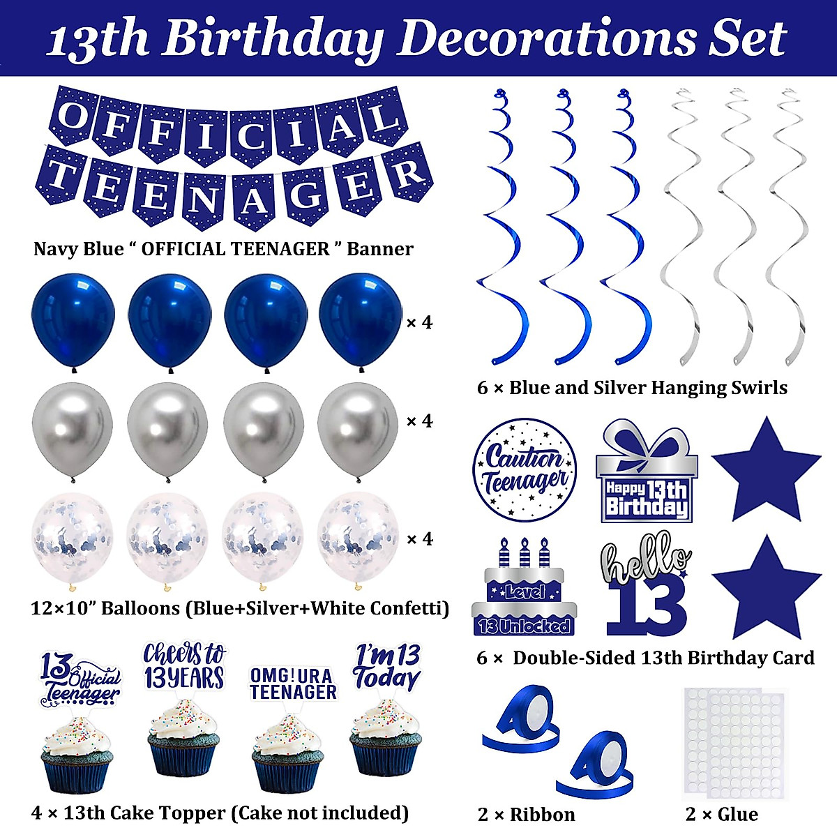 13th Birthday Decorations for Boys Girls, Blue Silver Official Teenager Party Decorations, Happy 13th Birthday Backdrop, Banner, Balloons, Pompoms, Hanging Swirls, Birthday Card, Cake Topper Set 54pcs