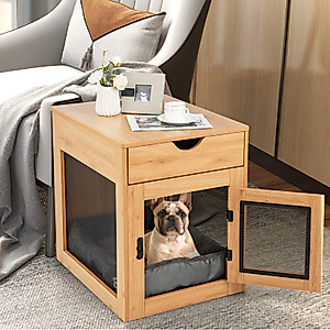 Giantex Dog Crate Furniture, Wooden Dog Kennel End Table with Removable Cushion, Storage Drawer, Latched Door, Wireless and Wired Charging, Furniture-Style Crate Side Table (Wood Color)