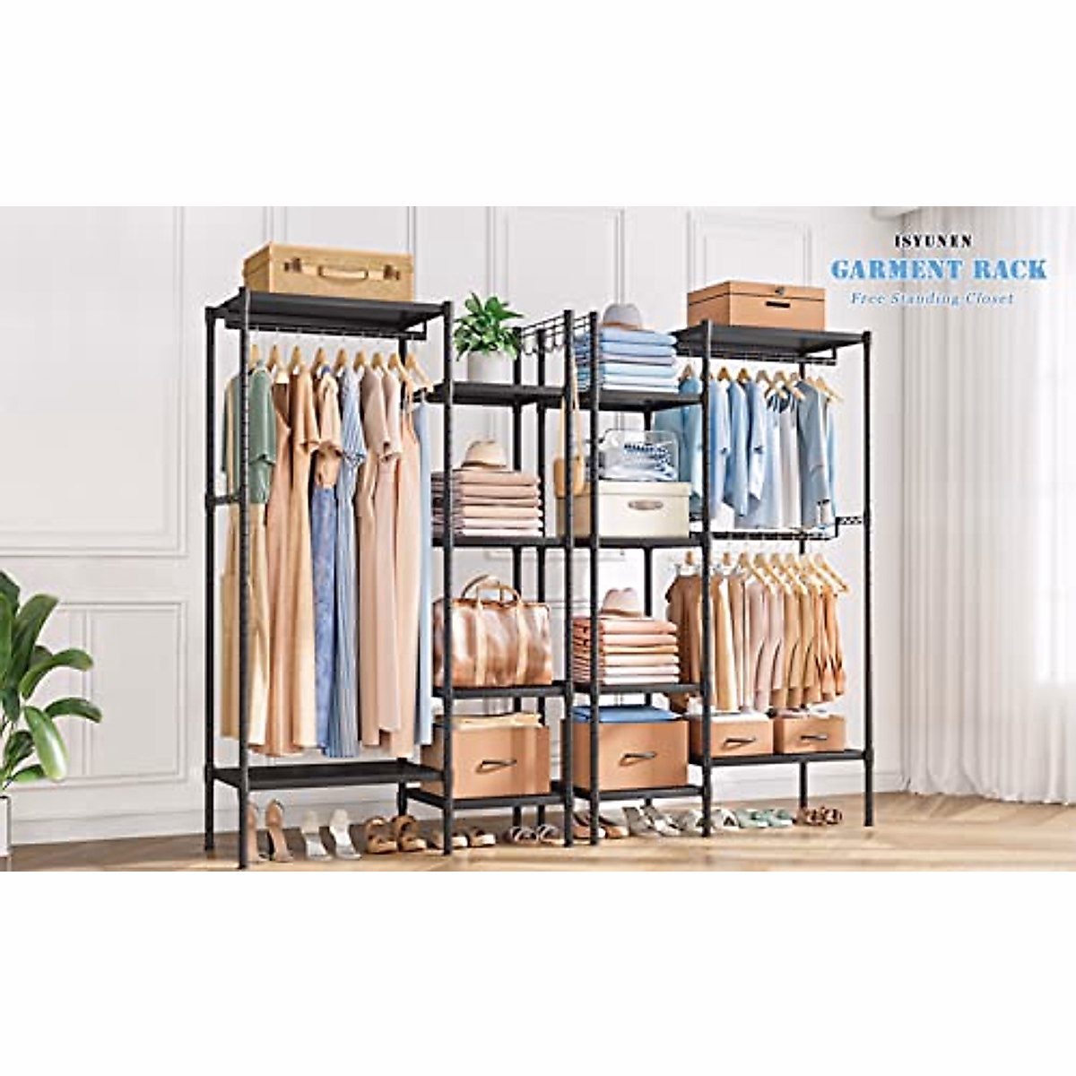 Isyunen Garment Rack, Heavy Duty Clothes Rack with Double Rods and 6 Storage Shelves and 1 Pairs Side Hooks for Hanging Clothes,Adjustable Metal Freestanding Closet Wardrobe Rack,Black (Black)
