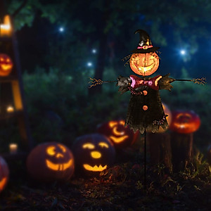 Solar Halloween Decorations Outdoor，Metal Scarecrow Shape Halloween Jack O' Lantern, Solar Pathway Stake Halloween Lights Decor for Garden, Patio, Yard and Farmhouse.