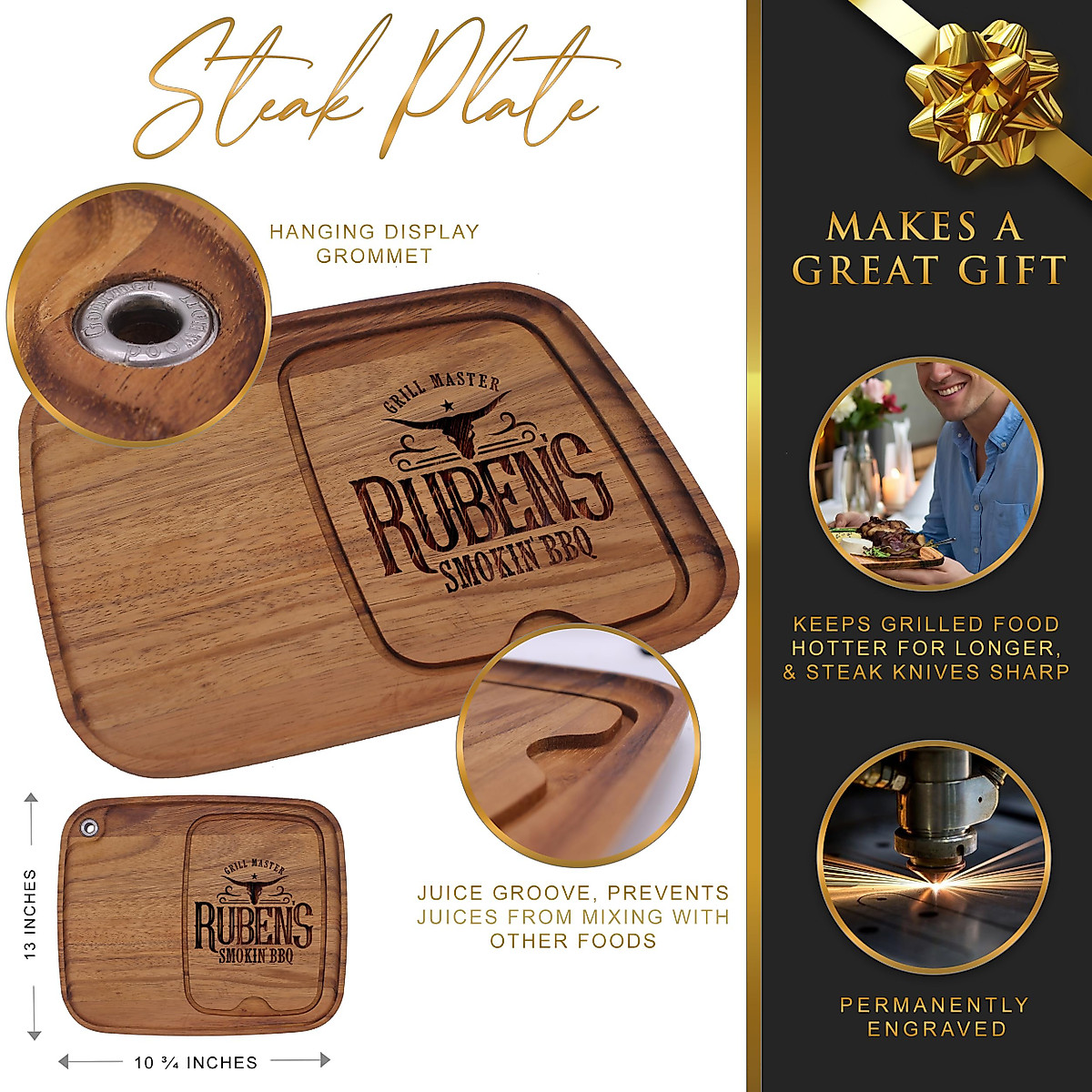 My Personal Memories Premium Personalized Wooden Steak Plate with Juice Groove - Custom Rustic Grill Serving Board for Meats, Chicken, Ribs, Barbecue