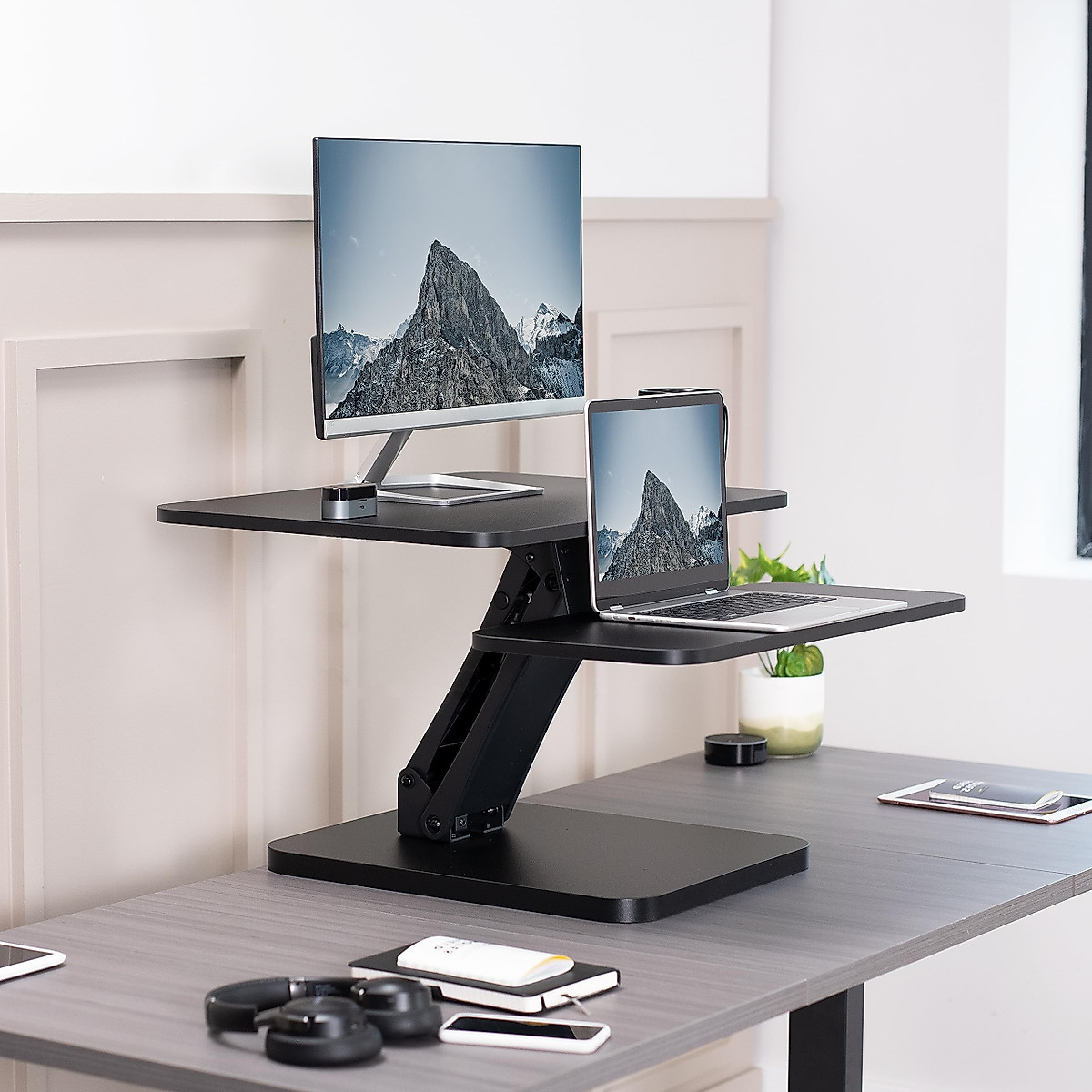 VIVO Black Height Adjustable 25 inch Standing Desk Converter, Compact Sit Stand Tabletop Monitor Riser Workstation, DESK-V001G