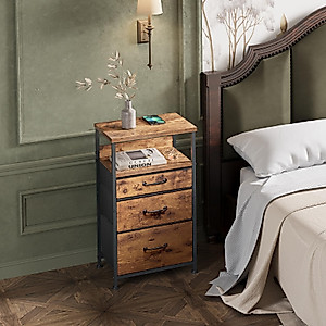 YeTom Nightstand, Bedside Table with 3 Fabric Drawers, Side Table with Open Shelf, End Table with Steel Frame,3 Drawer Dresser for Bedroom, Entryway, College Dorm, Easy Assembly,Brown