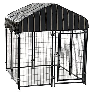 Lucky Dog 4 Feet Uptown Welded Steel Wire Mesh Secure Outdoor Dog Kennel Playpen Crate with Waterproof Cover and Lockable Gate, Black