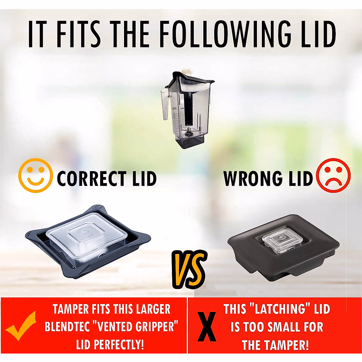 Tamper Fits Blendtec blenders- Hassle-Free Blending - FITS BLENDTEC's VENTED GRIPPER LID - BPA FREE - PATENTED