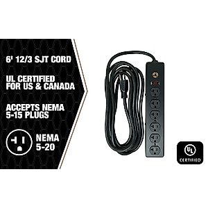 Southwire 5120 20 Amp Rated, 6 Outlet all Metal Power Strip with NEMA 5-20 P&R, 6 Foot 12/3 Cord