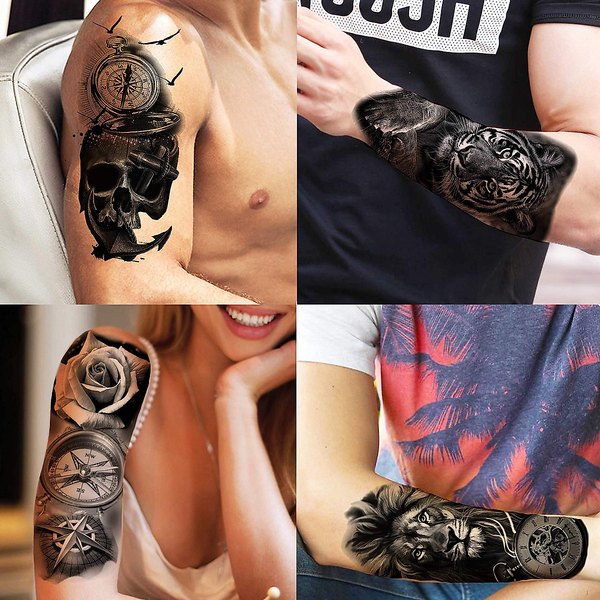 VANTATY 22 Sheets Sexy 3D Temporary Tattoos For Women Men Arm Forearm, Waterproof Fake Tattoo Stickers For Adults Realistic Tiger Lion, Halloween Skeleton Rose Flower Tatoos Warrior Anchor Compass