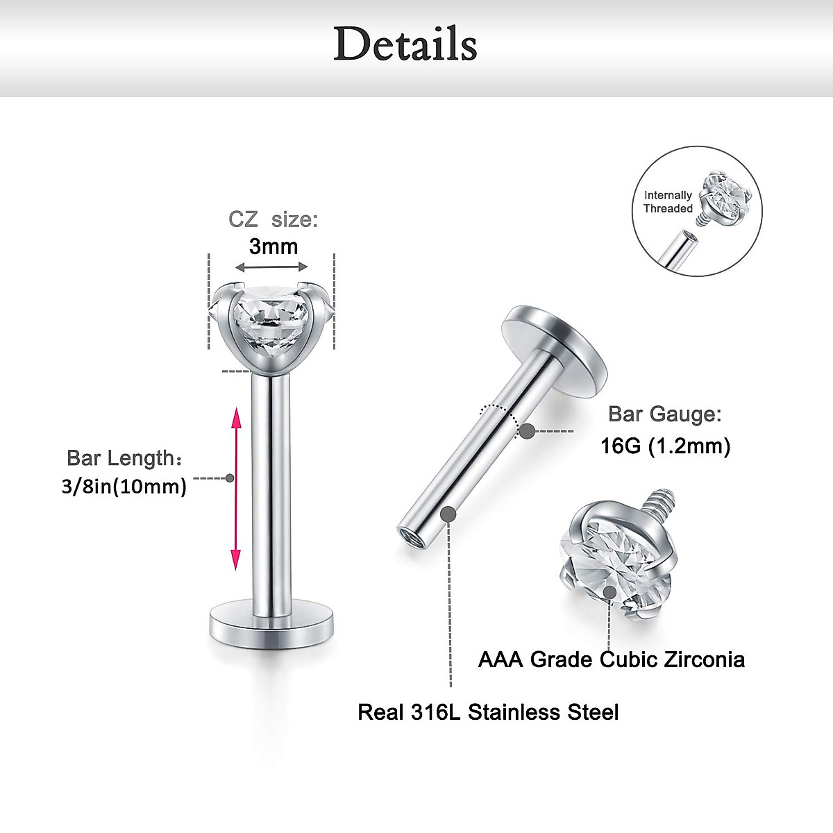 FECTAS Cartilage Earring Stud Forward-Helix Earrings-Internal Threaded Labret Lip Medusa Piercing Ring 16G