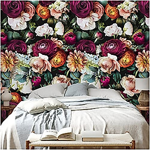 HAOKHOME 93277 Peel and Stick Floral Wallpaper Rose Daisy Removable Black/Pink/Purple Stick on Wild Mural 17.7in x 9.8ft