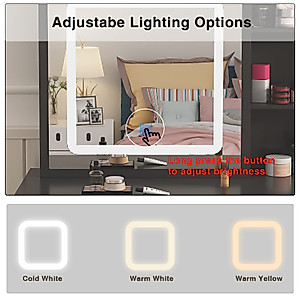 Homsee Vanity Desk Set Makeup Table with Large Sliding Lighted Mirror, Dressing Table with 5 Drawers, Storage Shelves & Cushioned Stool for Bedroom, Black