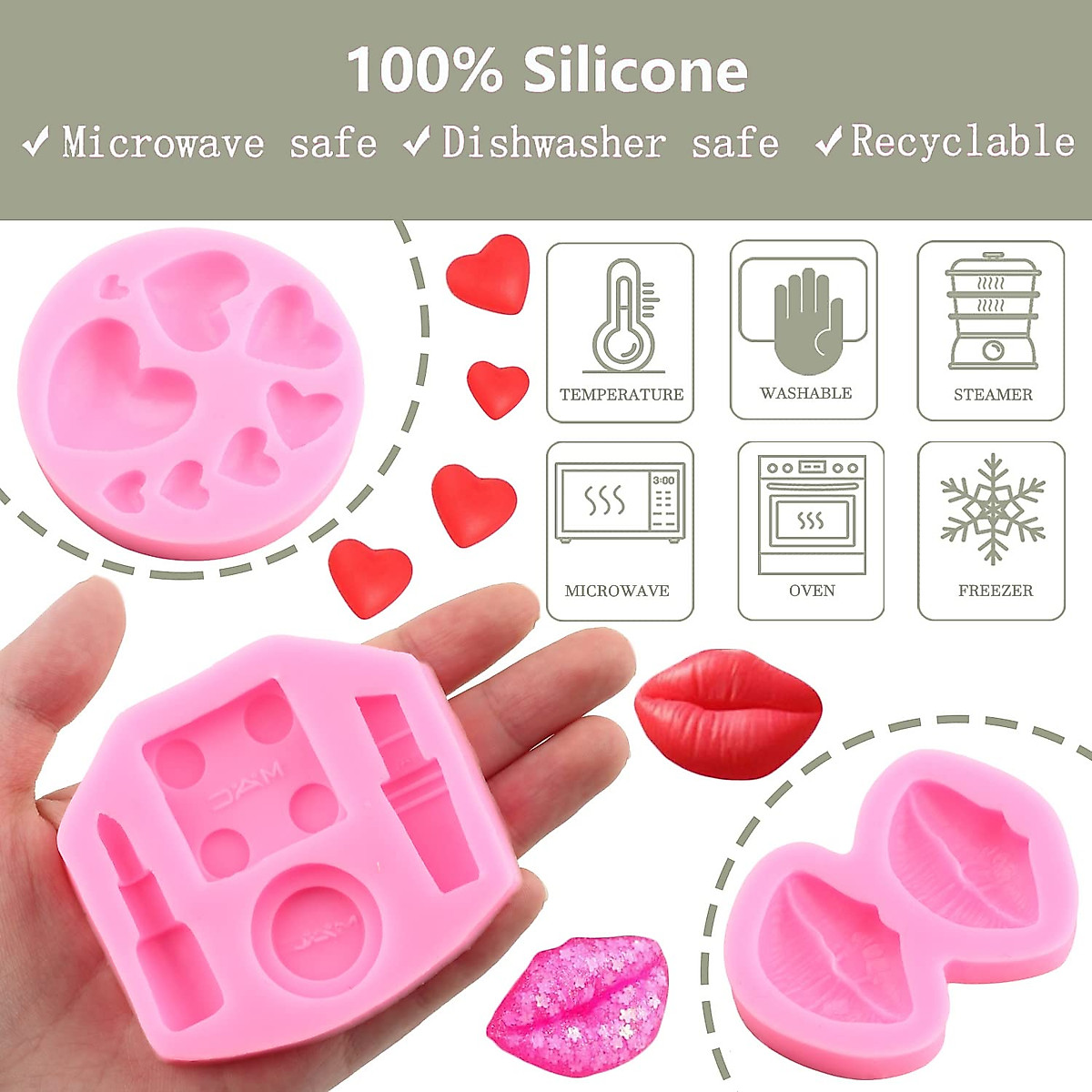 ZiXiang Valentine's Day Fondant Molds Makeup Theme Silicone Mold Lips Hearts Silicone Candy Mold Kiss Lipstick Perfume Mold For Chocolate Cake Decorating Cupcake Topper Gum Paste Polymer Clay Set Of 6
