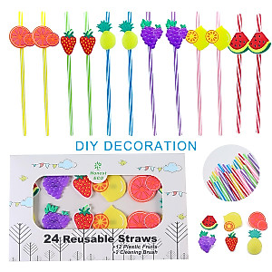 Honest ECO Replacement Disposable Plastic straws for Kids Party DIY Decoration Daily Drinking Straws (24 straws+12 plastic fruits+2 cleaning brush)