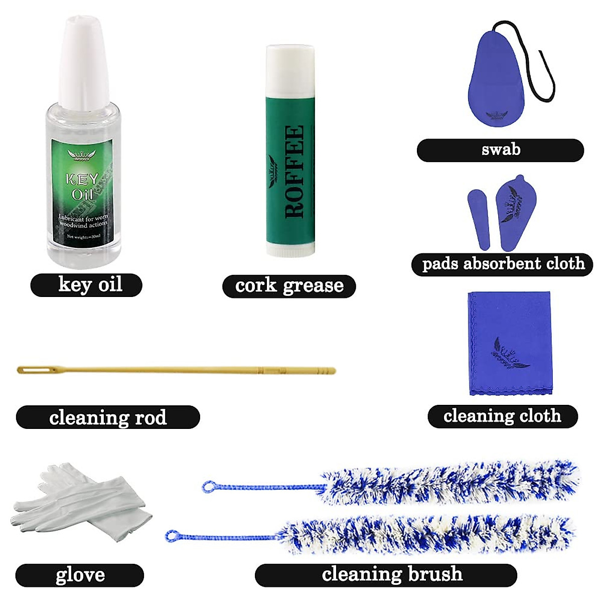 Flute Cleaning cleaner Care Maintenance Kit,Key Oil,Cork Grease,Swab,Cleaning Cloth,2PCS Cleaning Brush,Cleaning Rod