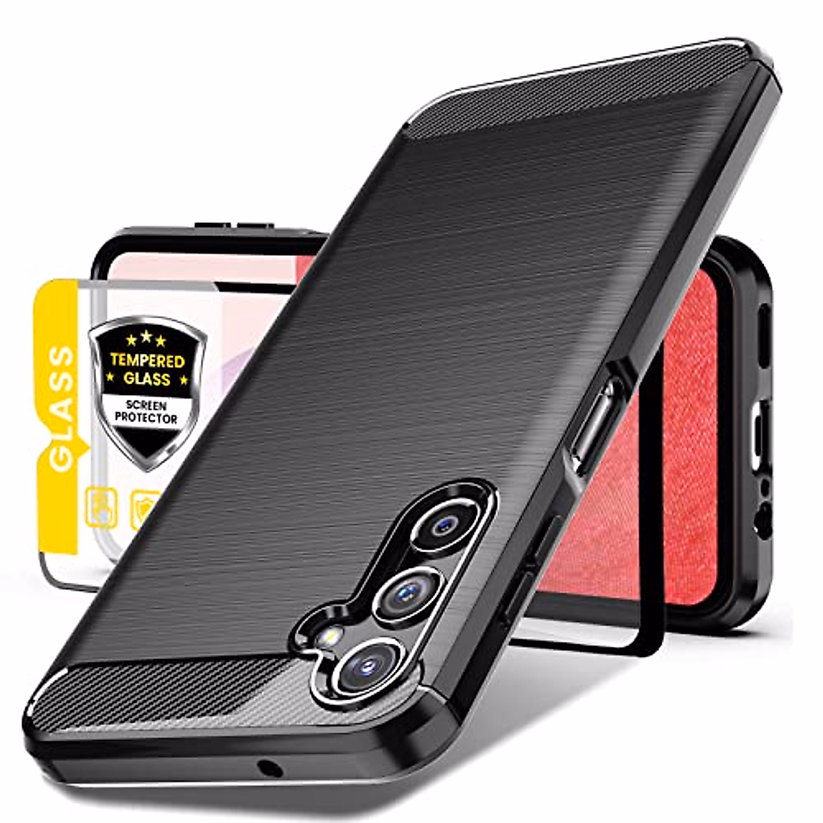 Dretal for Samsung Galaxy A14 5G Case, Galaxy A14 5G with Tempered Glass Screen Protector, Shock-Absorption Brushed Flexible Soft TPU Carbon Fiber Protective Cover for Samsung A14 5G(LS-Black)