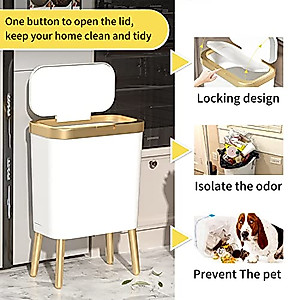 Trash Can with Lid, Plastic Garbage Can with Push Button, Narrow Modern Waste Basket for Kitchen, Slim Bedroom Garbage Bin, 15L Bathroom Trash Can for Home, Living Room, Toilet, Office (White)