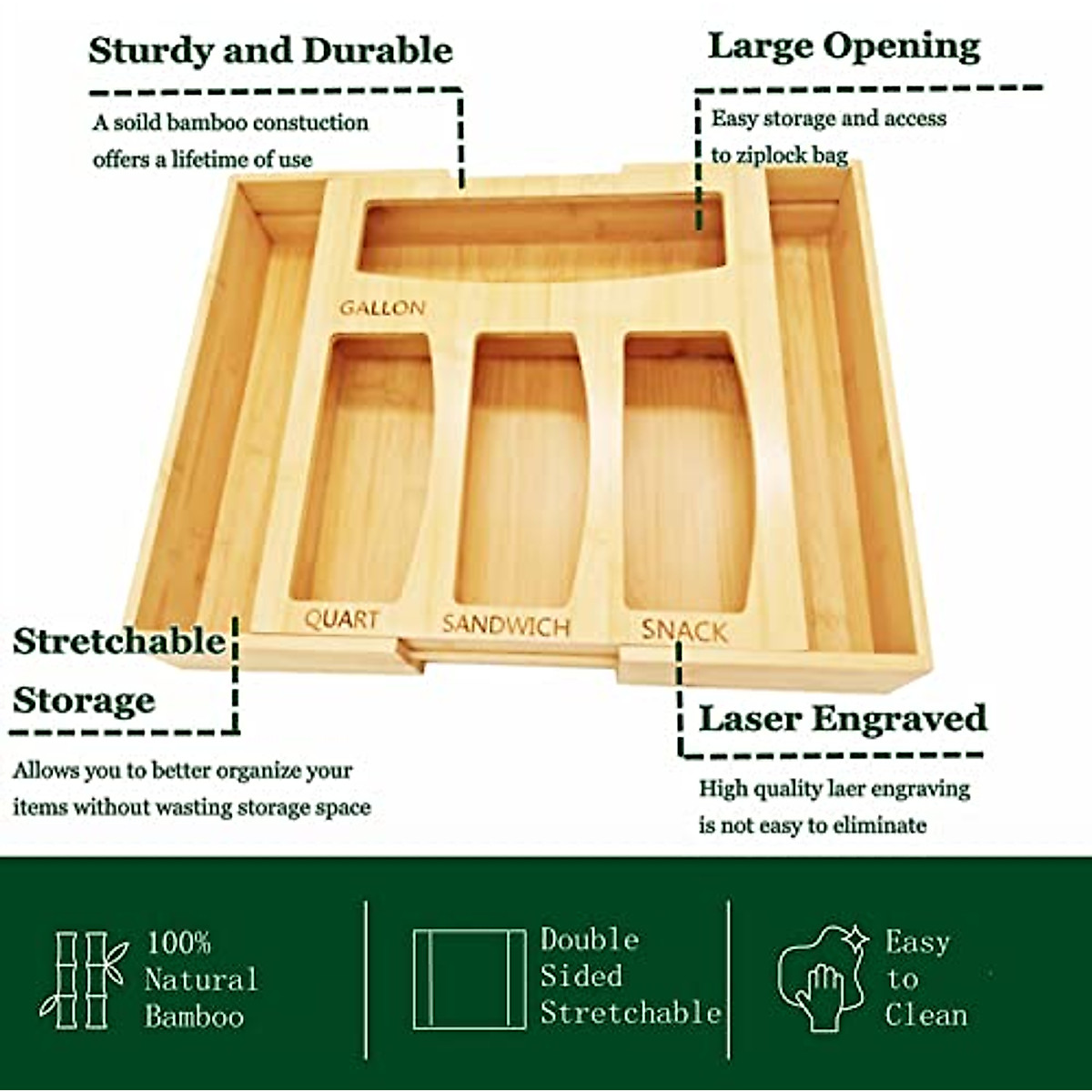 Expandable Ziplock Bag Storage Organizer for Kitchen Drawer, 1 Box 6 Slots Bamboo kitchen Ziplock Bag Organizer and Dispenser Suitable for Gallon, Quart, Sandwich & Snack Variety Size Bag, Cling Film