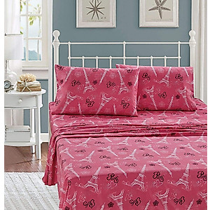 Home Collection Queen Size Comforter And Sheet Set Paris Eiffel Tower Hearts Flowers for Girls/Teens White Pink Black Pink/ White New