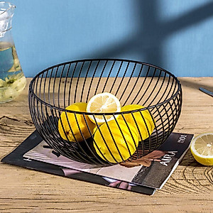7UYUU Fruit Basket for Kitchen | Wire Fruit Basket Holder for Lemon, Potato, Onion | Black Counter Decorative Fruit Bowl - 10.2 In (Round B)