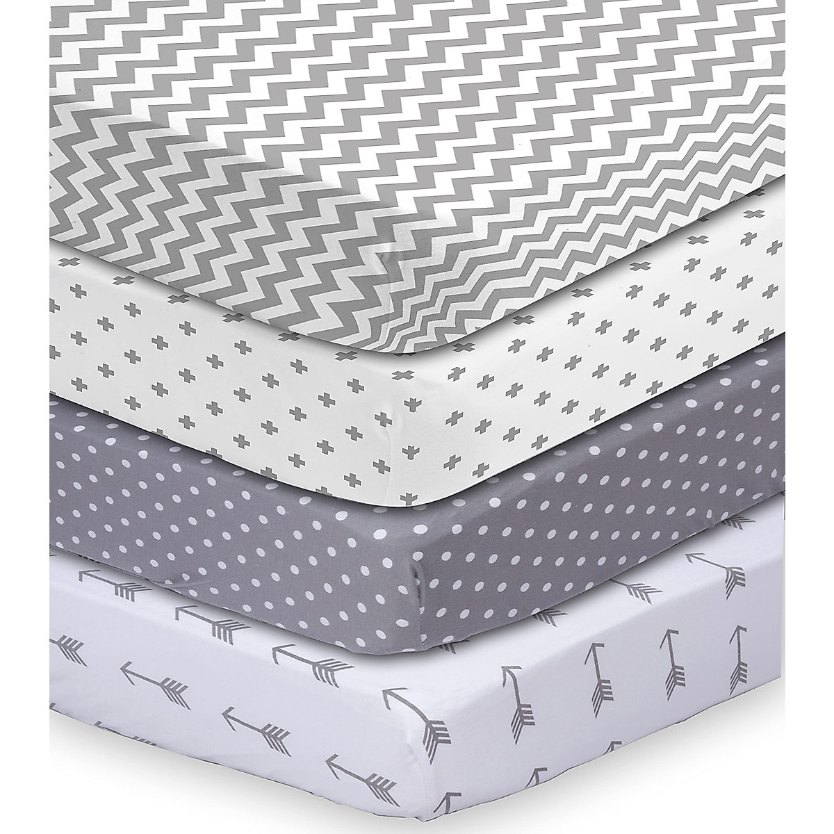 BaeBae Goods Premium Crib Sheets for Baby Boys and Girls, 4 Pack, Soft and Breathable Jersey Knit Fitted Sheet Set, Grey and White, Cute Gender Neutral Nursery Mattress Bedding, Universal Fit