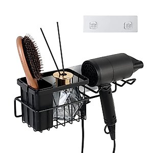 Bath Beyond Hair Dryer Holder Brush Holder Wall Mount Bathroom Adhesives Wall Mount Stainless Steel Blow Dryer Holder Hair Tool Organizer Storage Basket for Hair Dryer (Strong Sticky Pad)