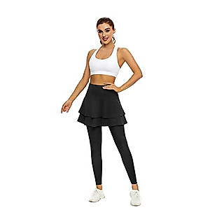 WOWENY Tennis Skirted Leggings with Pockets for Women Golf Skapri Leggings with Skirt (M, 2-Layer Black)