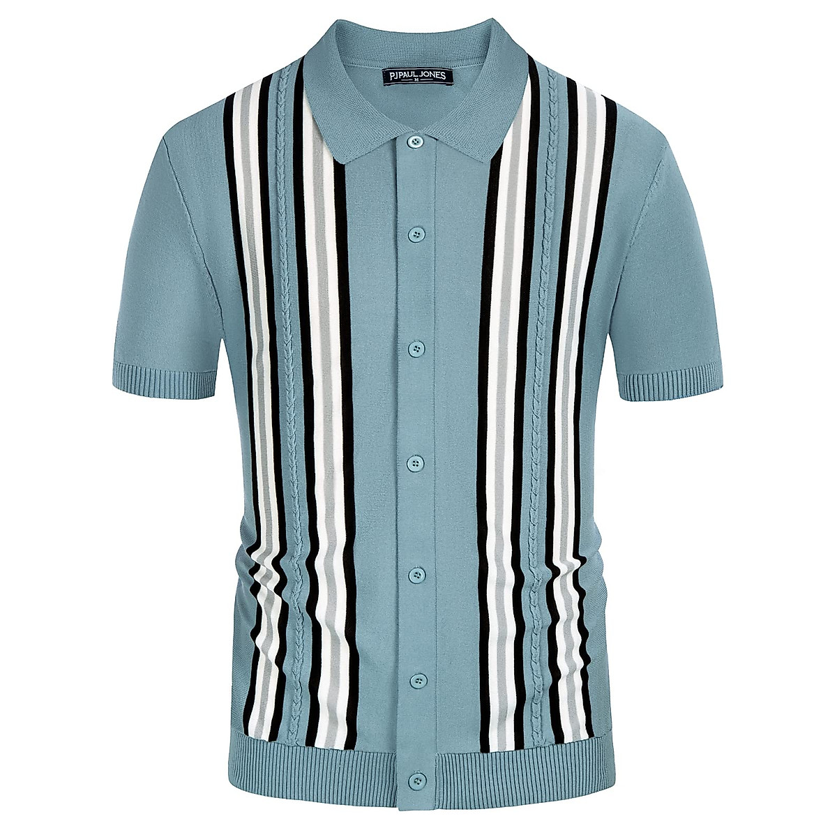 PJ PAUL JONES Knit Polo Shirt Mens Retro 70s Stripes Lapel Collared Knitted Shirts Blue Button Down Italian Knitwear for Summer Golf Bowling XL