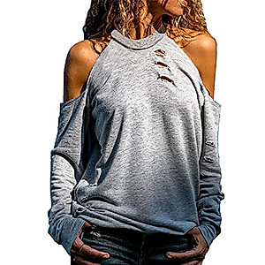 Dokotoo Fall Casual Cold Shoulder Tops for Women Hollowed Out Long Sleeve Sweatshirts T Shirt Women Open Shoulder Tops Sexy Halter Neck Top Pullover Tunic Blouses 2023 Fashion Gray XX-Large