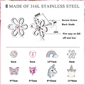 ZELORES 8 Pairs Cute Screw Back Earrings for Women Pink CZ Heart Unicorn Stud Earrings Stainless Steel Flower Butterfly Screwback Earrings Set (Set1)