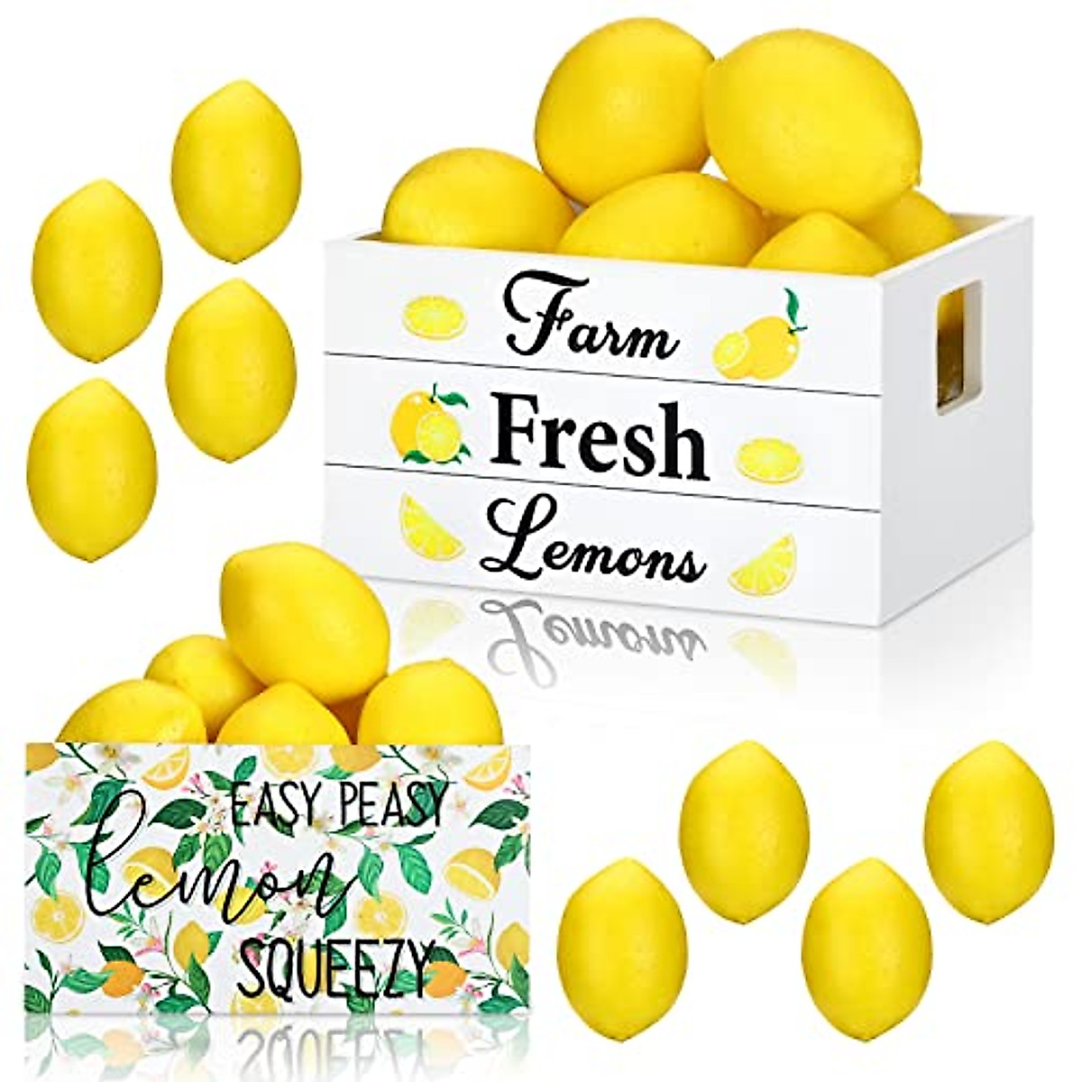 Marsui Lemon Decor Mini Wooden Crate Set Summer Tiered Tray with 8 Faux Lemons Farmhouse Lemonade Kitchen Decorations for Home Shelf Decor (Lemon Style)