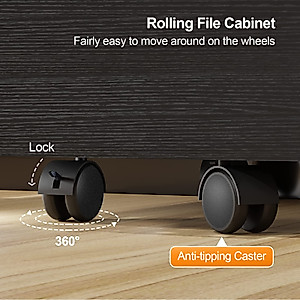 VINGLI 2-Drawer Small Rolling File Cabinet with Lock, Wood Filing Cabinet for Hanging Letter Size Filings with Tabs, Mobile Under Desk File Cabinet for Home Office, Classic Black, 27.2" H