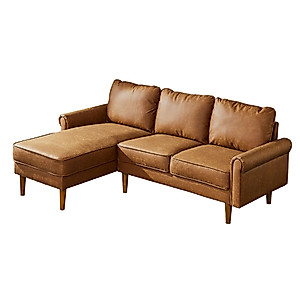 POUUIN 81" Small Sectional Sofa Couches for Living Room,Mid-Century Modern L-Shape Sofa Couch with Chaise,Faux Leather Comfy Chaise Sofa for Office Apartment Small Space,Brown
