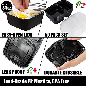 Meal Prep Container 2 Compartments, 50 Pack Meal Prep Container Microwave Safe, Food Storage Container with Lids, 34oz Disposable Bento Box To-Go Boxes Reusable Plastic Bento Lunch Box Dishwasher Safe