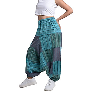 PEACH PEBBLE Harem Pants Unisex, Hippie 100% Cotton Soft Yoga Boho Trousers, Hippie Colorful Patchwork Pants Men Women Casual Fashion Aladdin Dhoti Stoned Washed Drop Crotch pare Cotton - Blue Turtle