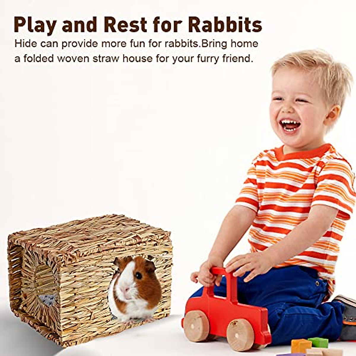 Abnaok Extra Large Grass House for Rabbits with Cotton Pads, Natural Grass Foldable Hut Small Animal Play Hideaway Bed Toys Hay Mat for Bunny Guinea Pig Chinchilla Ferret