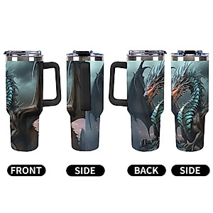 QWJKM Cool Dragon Tumbler with Handle Large Insulated Car Cup 40 OZ Stainless Steel Travel Mug Leak Proof Water Bottle with Lid And Straw for Car Home Office Gifts