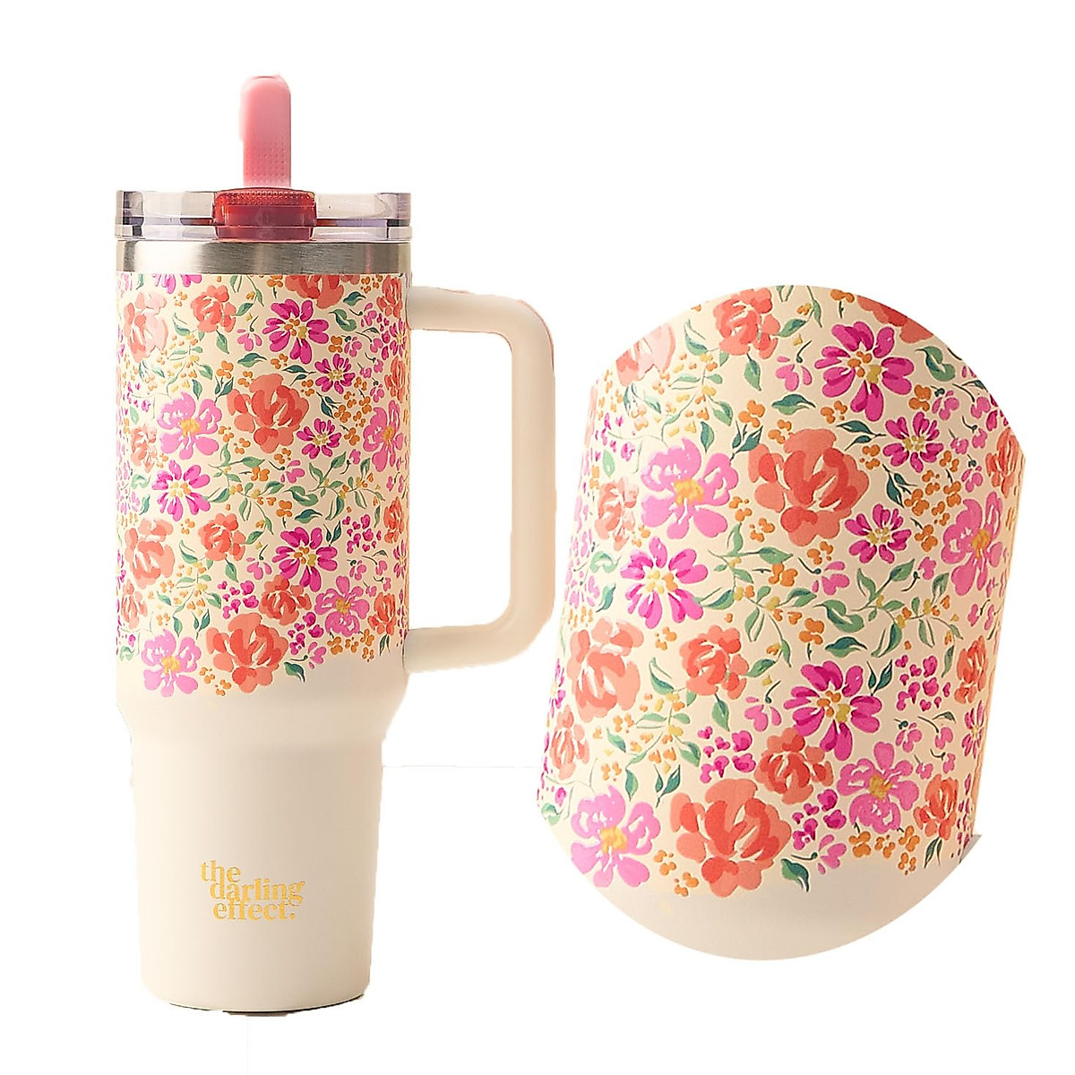 The Darling Effect Tumbler with Handle Matching Lid and Straw 40 oz Tumbler with Reusable Straws Garden Pink Stainless Steel Travel Mug 6 Piece Set for Hot Drinks Iced Coffee