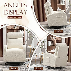 KINFFICT Modern Swivel Glider Chair, Upholstered Accent Glider Rocker for Baby Nursery, Comfy Tall Back Rocking Armchair with Side Pocket and Headrest for Living Room, Bedroom, White Teddy Fabric