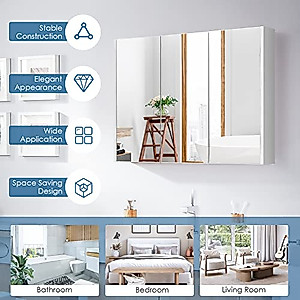 LOKO Large Bathroom Medicine Cabinet with Mirror, Wall Mounted Bathroom Cabinet with 3 Mirrored Doors & Adjustable Shelves, Triple Mirror Door Bathroom Wall Cabinet, 36 x 4.5 x 25.5 Inches