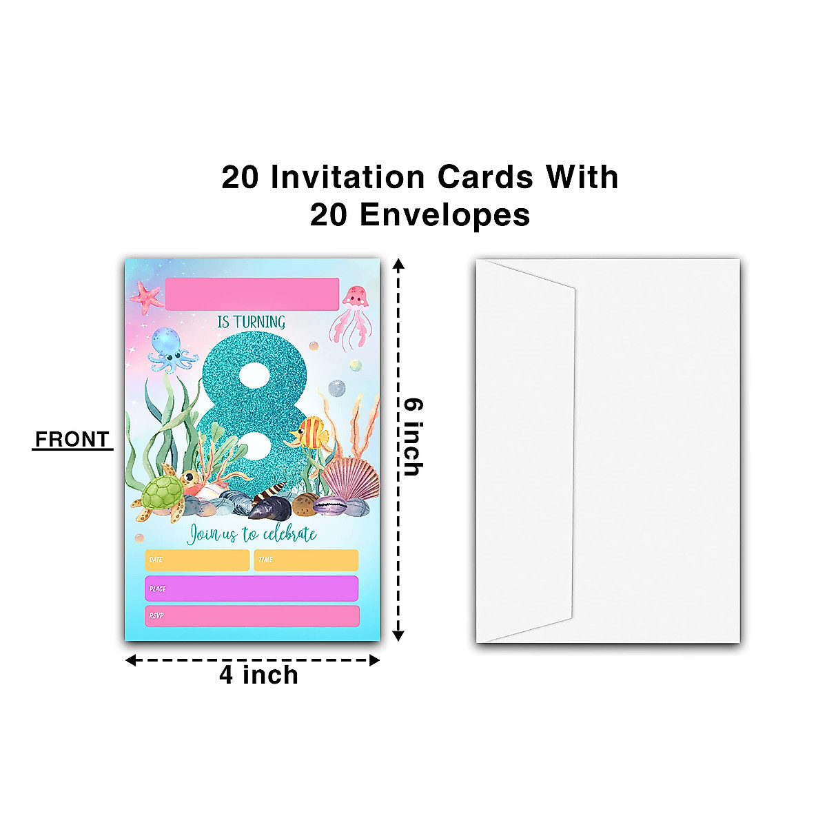 Under the Sea 8th Birthday Party Invitations With Envelopes(4" x 6")- 20 Pack - Ocean Animals Birthday Party Invites-c23