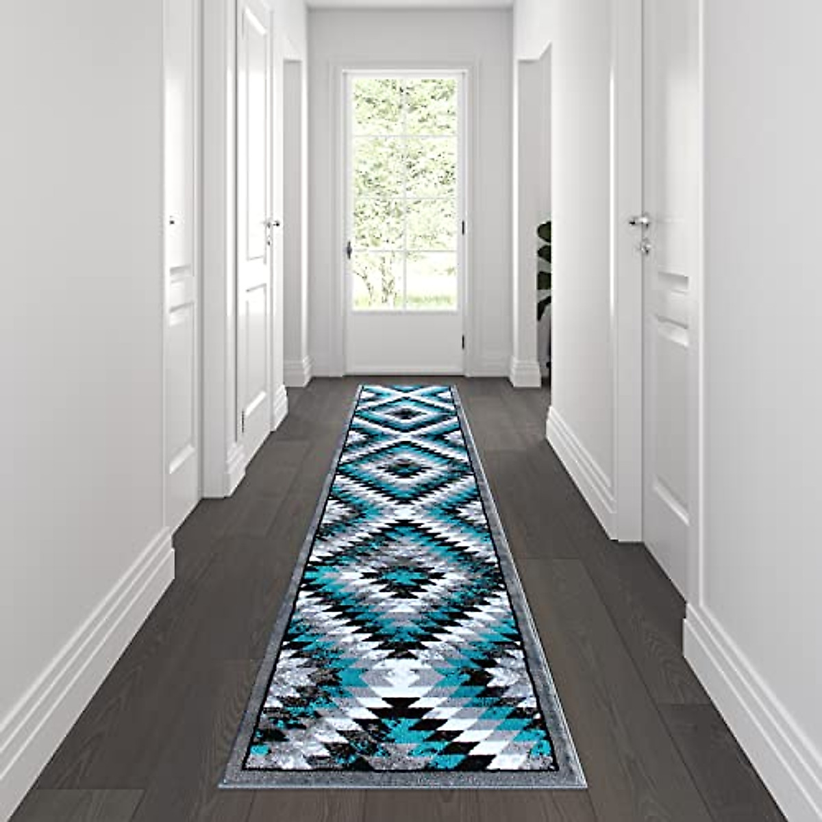 Flash Furniture Teagan Collection Southwestern Style Area Rug - Olefin Turquoise Accent Rug - 2' x 11' - Jute Backing - Entryway, Living Room, Bedroom