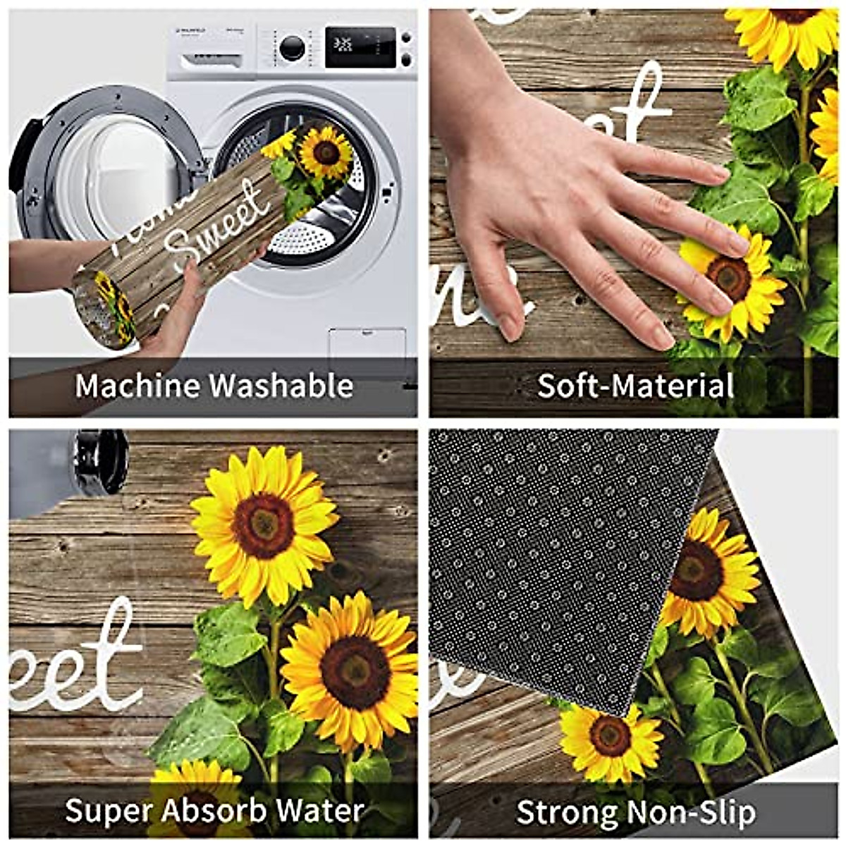 Sunflower Welcome Doormat Summer Door Mat, 17 X 29 Inch Wood Background Flower Spring Summer Decorative Home Sweet Home Entrance Mat Non-Slip Backing Floor Mat for Kitchen Bathroom