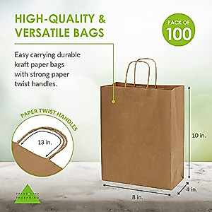 Prime Line Packaging - 8x4x10 Inch 100 Pack Kraft Paper Bags, Brown Gift Bags with Handles, Small Craft Shopping Bags in Bulk for Boutiques, Small Business, Retail Stores, Gifts & Merchandise