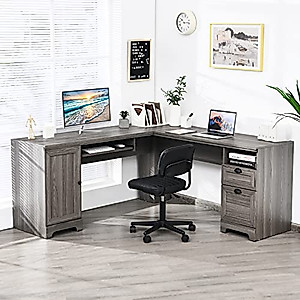 Tangkula 66" × 66" L-Shaped Desk, Corner Computer Desk with Drawers Keyboard Tray and Storage Cabinet, Home Office Desk, Sturdy and Space-Saving Computer Workstation