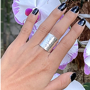 Hammered Sterling Silver Handmade Classic Wide Band Boho Statement Ring, Shiny Finish Wrap Band Adjustable to Sizes 6-12, Also as Thumb Ring, Gift for Her