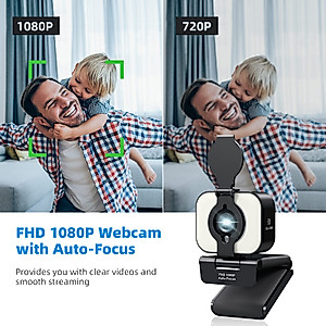 Trsunow Webcam with Microphone 1080P HD Web Camera Autofocus Streaming Camera with Privacy Cover Adjustable Fill Light, Plug and Play Webcam Gaming Camera for YouTube, Skype,Facebook,Zoom